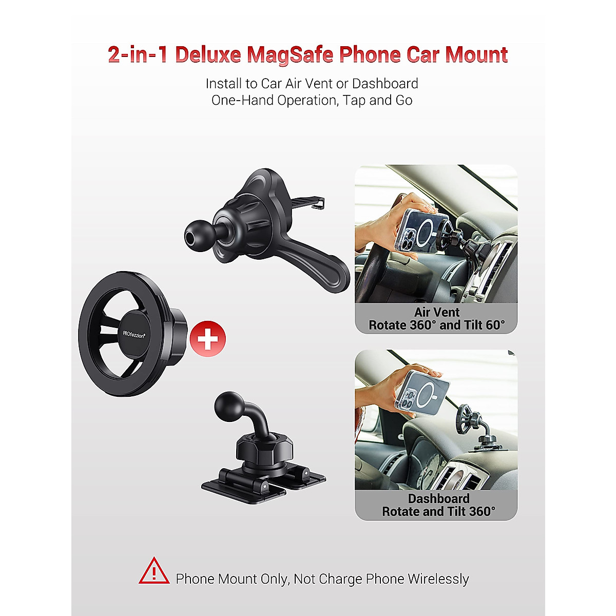 PROfezzion Deluxe Metal Version for MagSafe Car Mount, 2 in 1 Combo Magnetic Phone Holder for Car Vent or Dashboard Compatible with iPhone 15 14 13 12 Pro Max Plus, MagSafe Case & All Phones