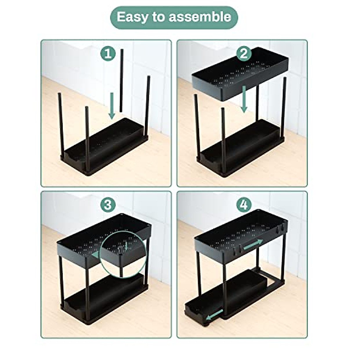 Gaclibl Under Sink Organizers and Storage, 2 Tier Under Cabinet Organizer with 4 Hooks Pull Out Under Sink Storage for Bathroom Kitchen Cabinet Counter Pantry, Black