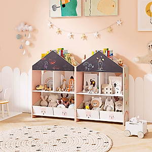 Costzon Kids Bookshelf, Wooden Dollhouse Bookcase with Blackboard, Whiteboard, Toddler Book Shelf with Cubby & 2 Fabric Bins, Toy Storage Organizer for Kids Room, Playroom, Nursery (Pink)