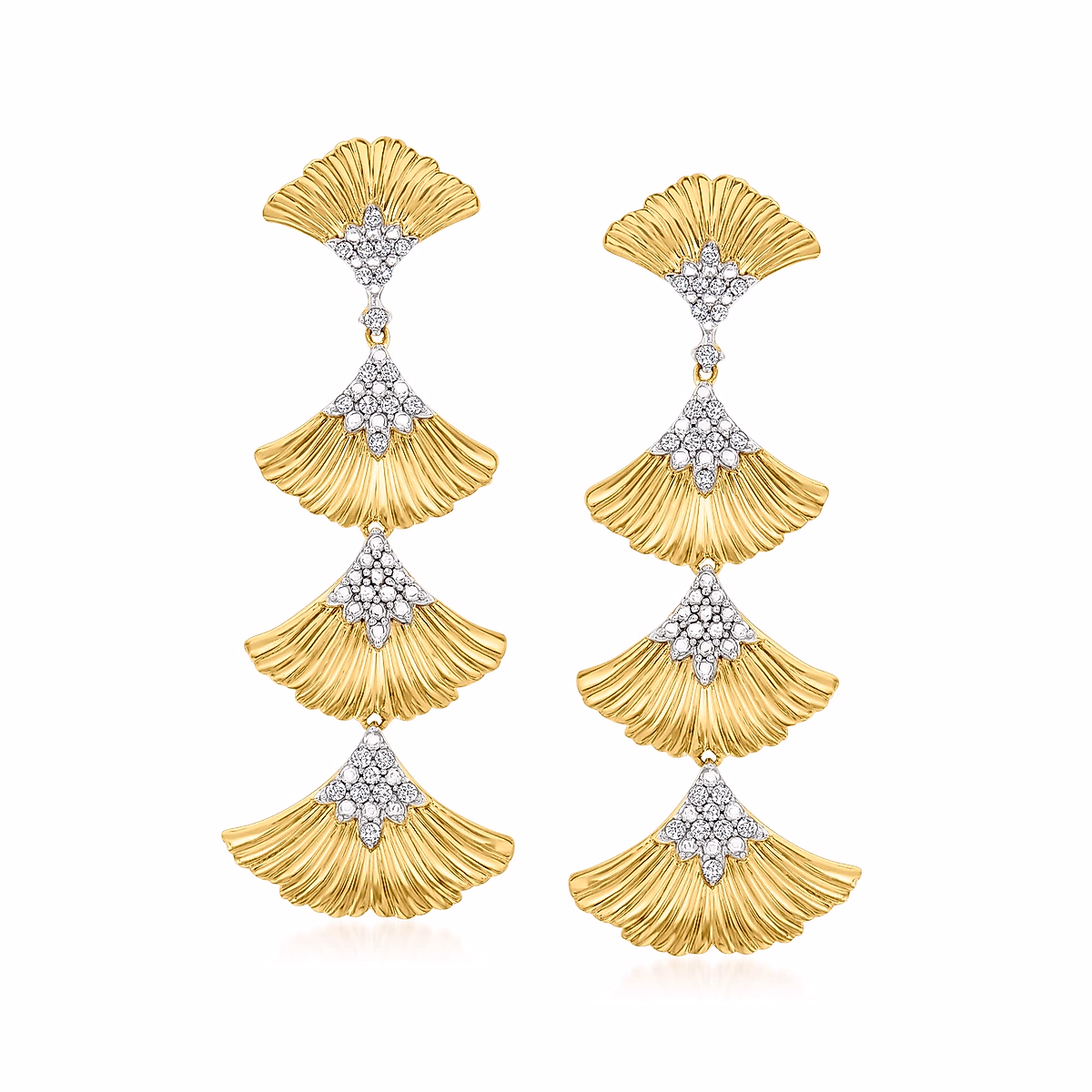 Ross-Simons 0.27 ct. t.w. Diamond Multi-Ginkgo Leaf Drop Earrings in 18kt Gold Over Sterling