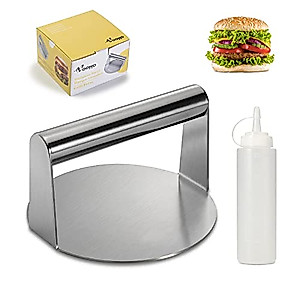 VOOWO Burger Press, 5.5inch Smash Burger Press Stainless Steel Burger Smasher, Round Bacon Press with 8 oz Condiment Squeeze Bottles, Perfect for Flat Top Griddle Grill Cooking