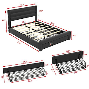 Shuoya Jewelry Queen Size Upholstered Platform Bed Frame with 2 USB Charging Station Headboard, Leather Platform Bed with 3 Storage Drawers, Solid Wood Slat Support, No Box Spring Needed (Black)