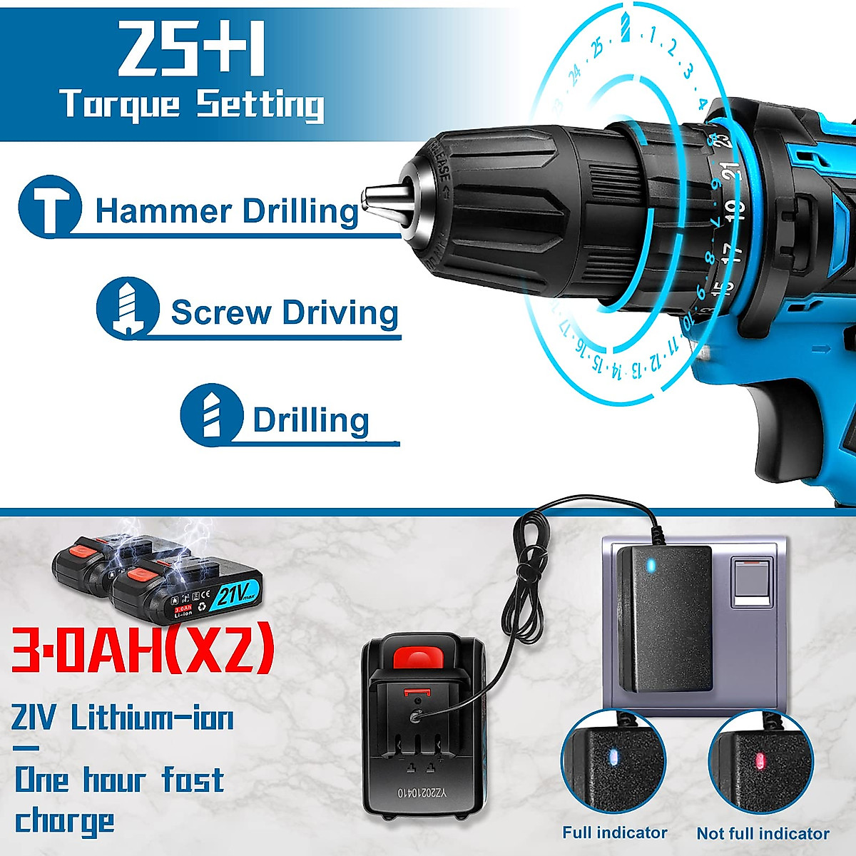 Cordless Drill Power Set, 21V Cordless Drill Set with 3000mAh Battery & Fast Charger, 117 Piece Power Tool Set Combo Kit with Power Drill Driver, 3/8" Chuck Electric Drill Set with 25+1 Clutch