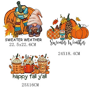3 Sheets Fall Iron Heat Transfer for T-Shirt Clothing Fall Vinyl Heat Transfers Patches Decals Autumn Pumpkins Maple Leaves Gnome Design Heat Transfer Stickers DIY Decoration Thanksgiving Day