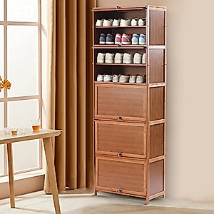 DYRABREST 10 Tier Bamboo Freestanding Shoes Rack, Tall Nan Bamboo Laminate Shoe Storage Cabinet with Doors Fashion Heels Sneakers Shelf Rack for Entryway Office Living Room