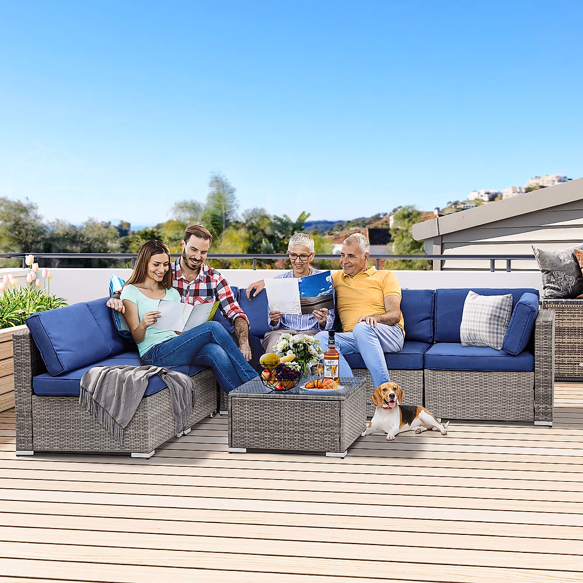 YITAHOME 7 Pieces Patio Furniture Set, Outdoor Sectional Sofa PE Rattan Wicker Conversation Set Outside Couch with Table and Cushions for Porch Lawn Garden Backyard(Gray+Blue)