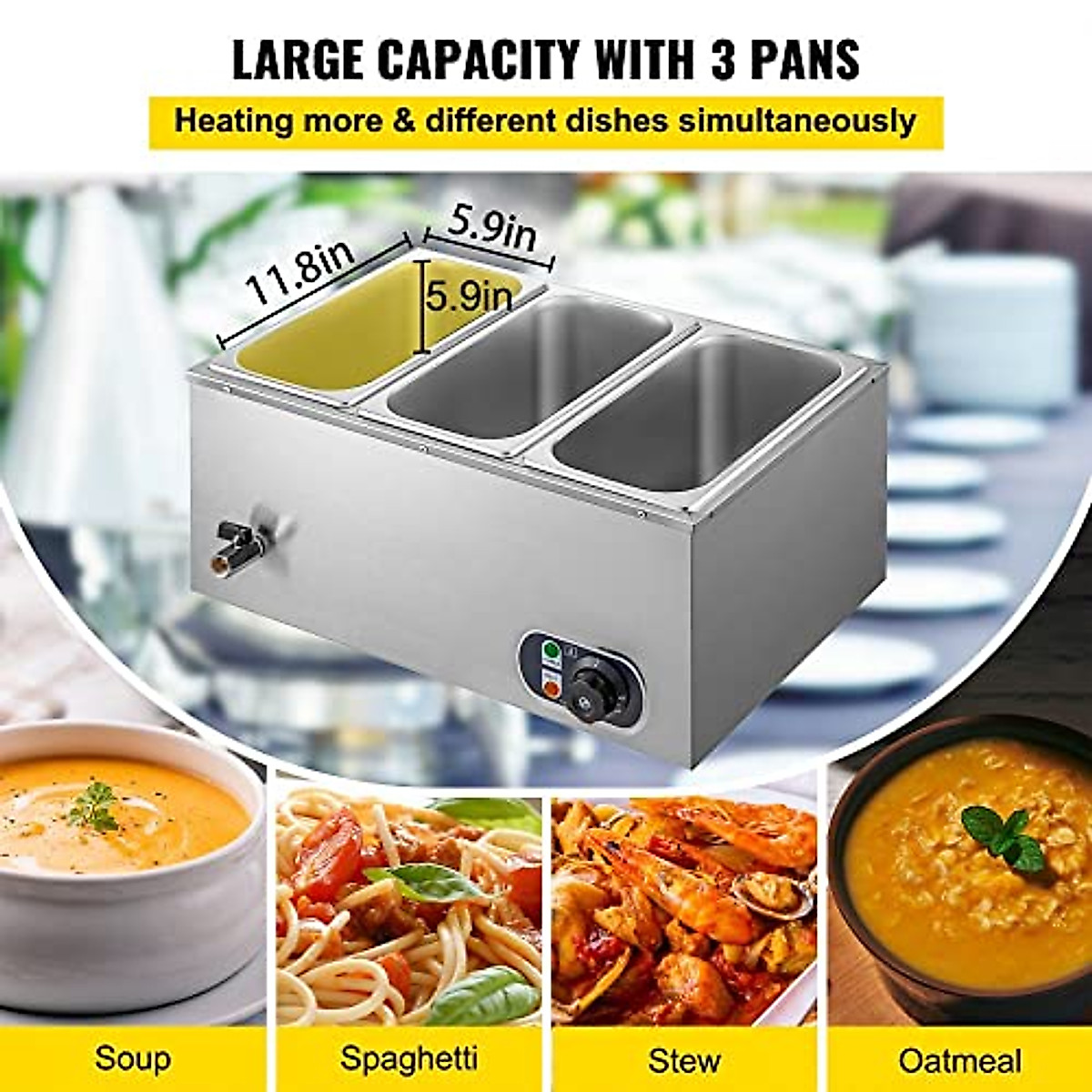 Commercial Food Warmer 110V, 3-Pan Electric Steam Table, Stainless Steel Buffet Bain Marie 16 Quart for Catering and Restaurants