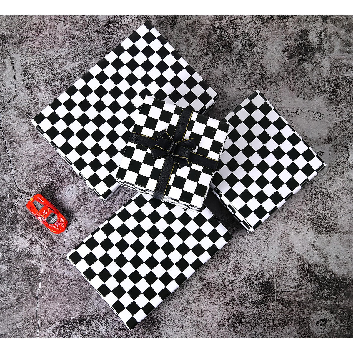 Titiweet Checkered Flag Wrapping Paper - Race Car Wrapping Paper for Boys Girls, 4 Large Sheets Cars Wrapping Paper for Birthday Christmas Holiday, 39.4 x 27.6 Inches Per Sheet (Race Car)