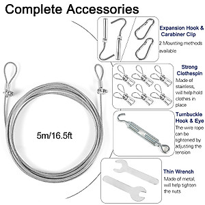 OOTSR Stainless Steel Clothesline, 16.4ft Clothing Wire for Indoor Outdoor, Laundry Drying Rope with Turnbuckle and 6 Clothespins, Heavy Duty Shower Line for Home Camping Accessories