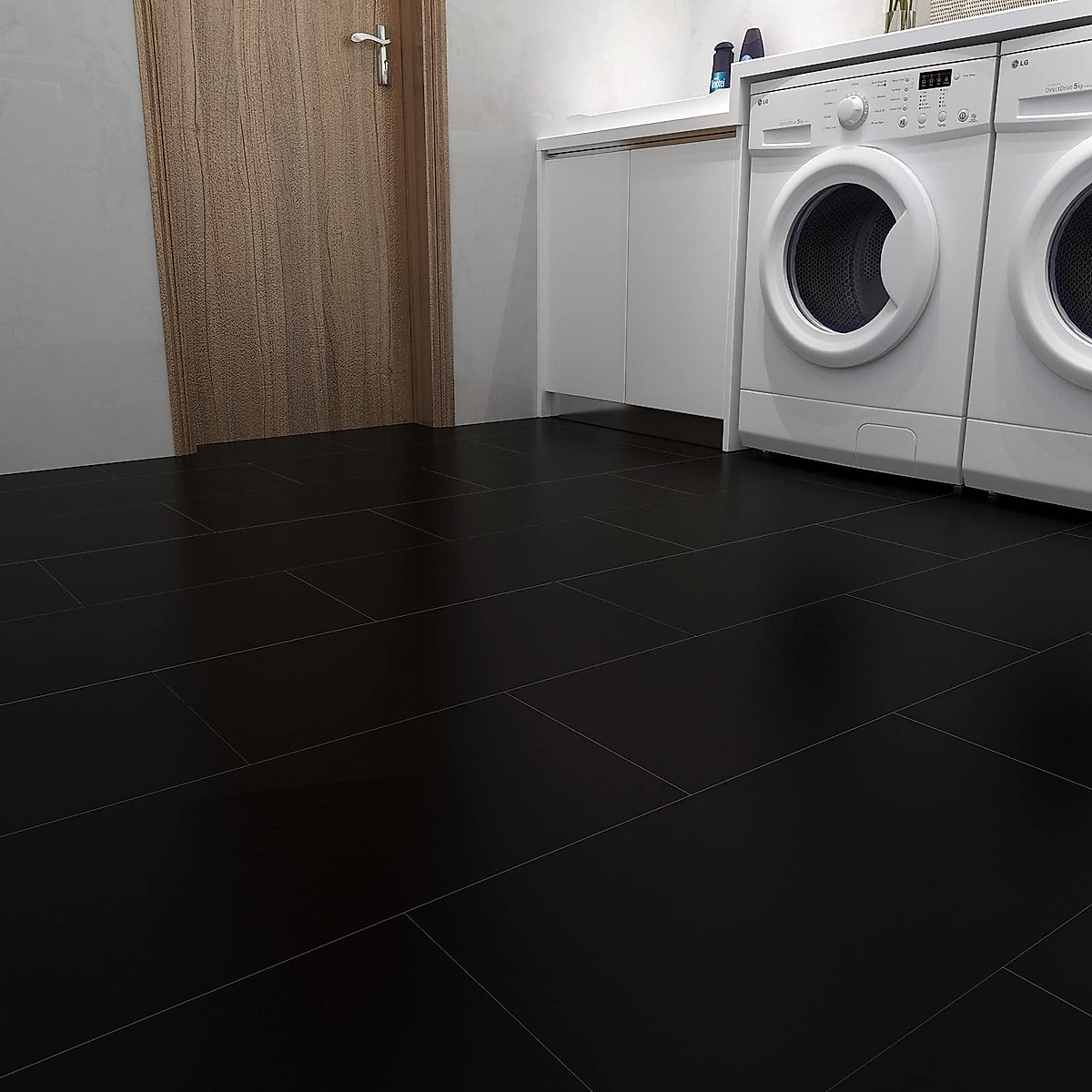 Decotalk Peel and Stick Floor Tile Waterproof Black Floor Tiles Vinyl Flooring for Kitchen Removable Vinyl Floor Tiles Stick and Peel Solid Black Bathroom Floor Tiles 12"x24" Flooring Planks for Floor