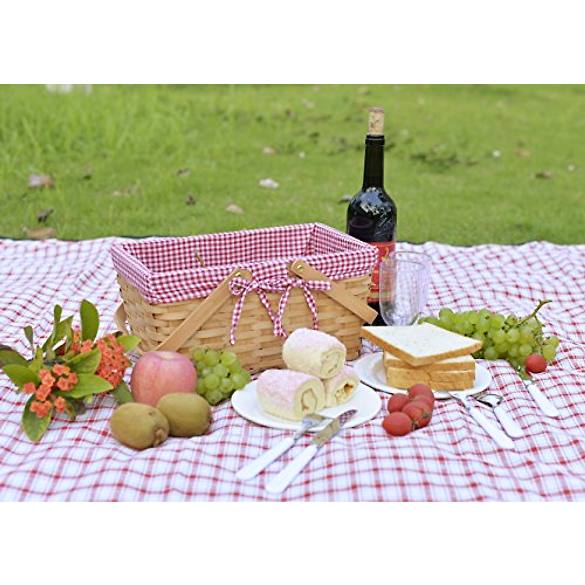 Picnic Basket Natural Woven Woodchip with Double Folding Handles | Easter Basket | Storage of Plastic Easter Eggs and Easter Candy | Organizer Blanket Storage | Bath Toy and Kids Toy Storage