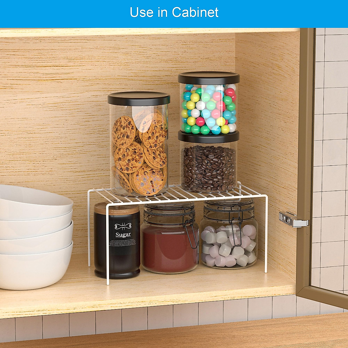 iPEGTOP Set of 2 Kitchen Cupboard Organiser Shelf, Small Size 10.6 x 5.1 Inch Freezer Cabinet Organization Storage Shelf Wire Rack, Steel Metal Shelves for Fridge Pantries Countertops Utensils -White