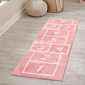 LIVEBOX Hopscotch Kids Runner Rug 28’’x 71’’, Soft Plush Play Mat Non-Slip Garden Numbers Collection Educational & Fun Throw Rugs for Boys&Girls Playroom Bedroom Best Shower Gift (Pink)