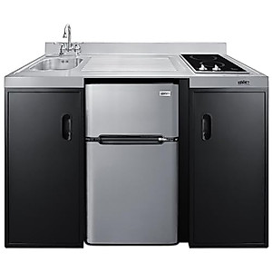 Summit Appliance CK55ADASINKR 54” Wide All-in-One Kitchenette in Black with a 2-Burner 115V Cooktop, 2-Door Refrigerator-Freezer, Sink, and Large Storage Cabinet (SINKR)