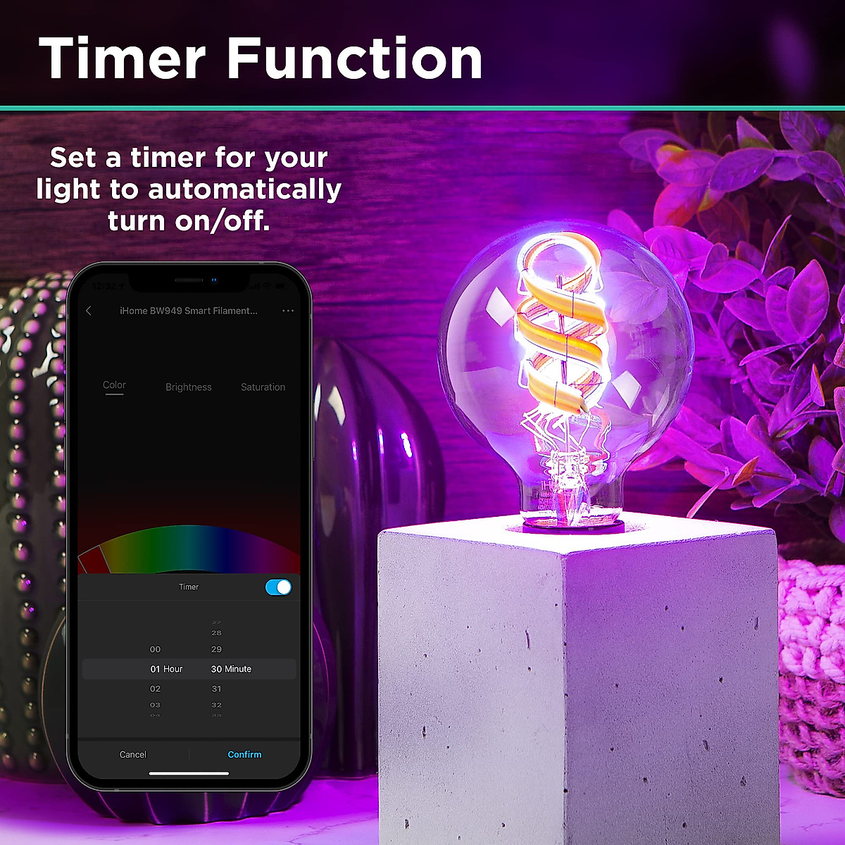 iHome Spectra Smart Spiral Edison RGBW Multicolor LED Light Bulb, G25/E26, 440 Lumens, 5.5W (40W Equivalent), Tunable and Dimmable Color Changing WiFi Smart Bulb, Works with Alexa and Google Home