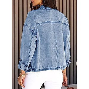 Dokotoo Jean Jackets for Women Cropped Jackets Fashion Spring Fall 2023 Casual Long Sleeve Utility Cargo Denim Jacket Button Down Trucker Shacket Jackets Coat with Pockets Sky Blue Medium