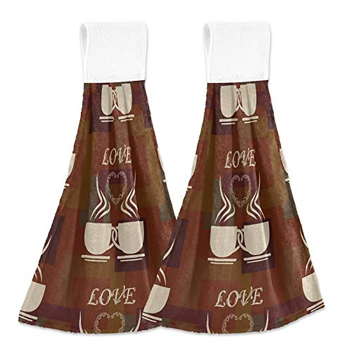 FFYHO 2 Pack Retro Coffee Kitchen Towel with Hanging Loop Quality Fall Theme Decorative Dish Towels Soft Coral Velvet Hand Towels for Bathroom Washcloth Absorbent Tie Towel