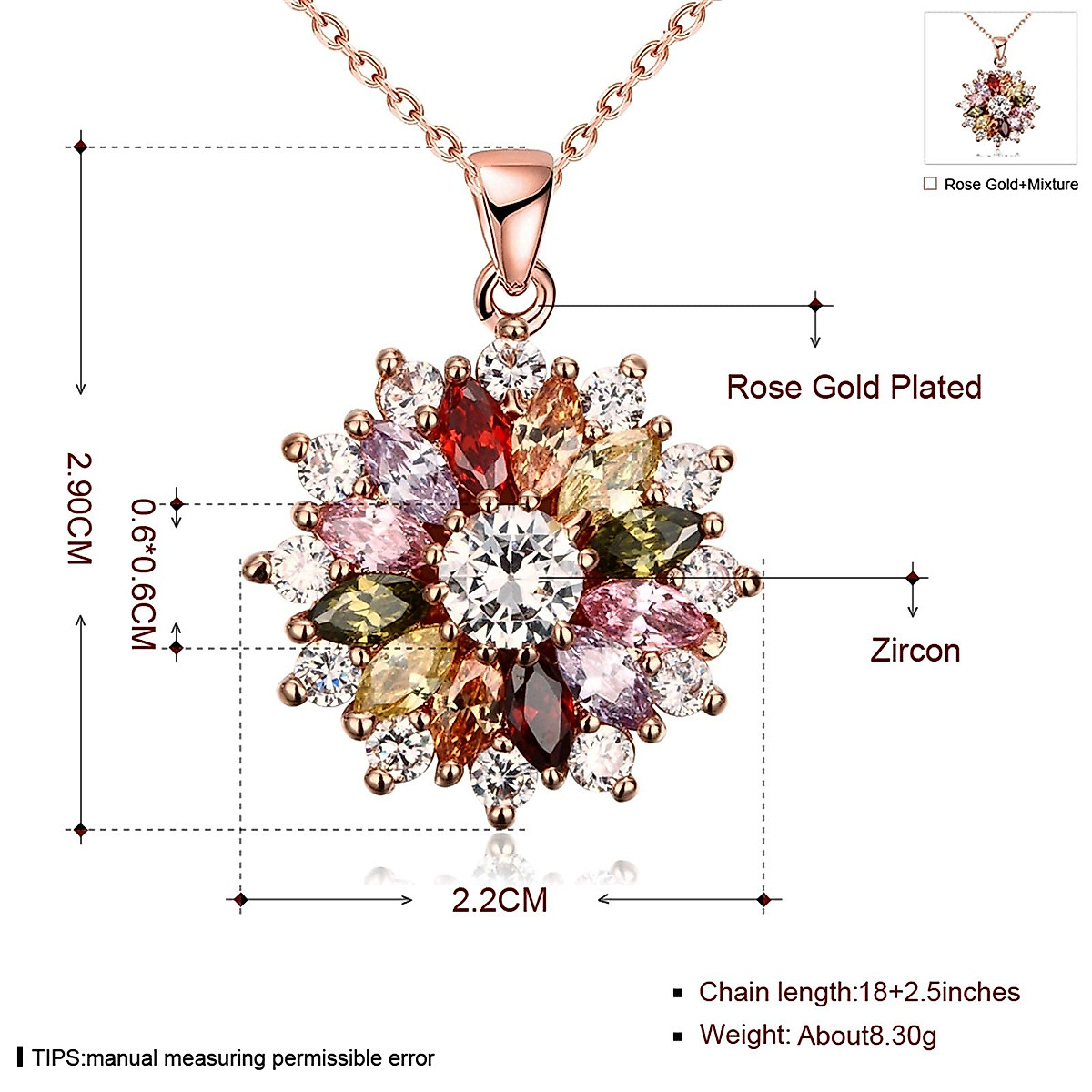 VONSSY Colorful Snowflake Pendant Necklace Earrings Rose Gold 5A Cubic Zirconia | Crystal Sweater Chain | Multi Gemstone Garnet Amethyst Morganite Peridot Prom Rhinestone Necklaces