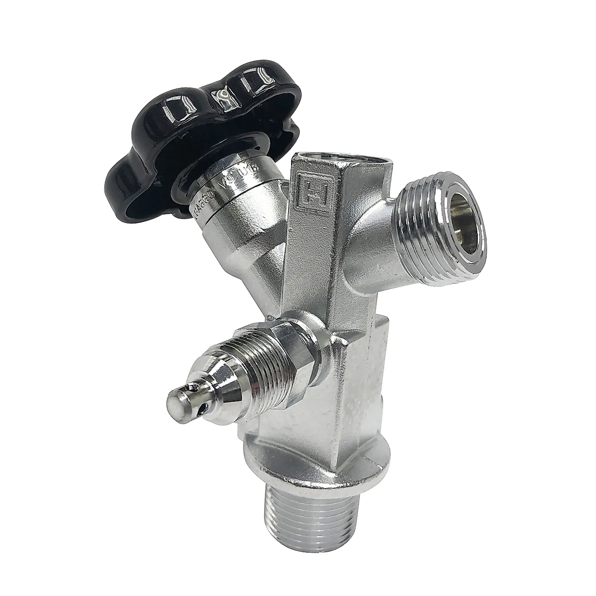 HIGH FLOW Nitrous Oxide Bottle Valve for 10 lb, 15 lb, 20 lb Nitrous Racing Cylinders with CGA 660 large orifice ANGLED outlet and Pressure Ports and NHRA Racer Safety Device