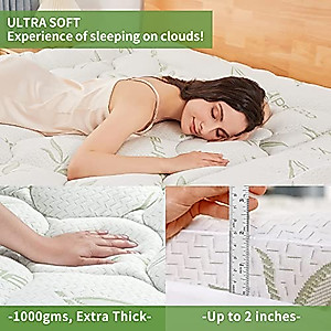 Bamboo Mattress Topper with 1 Pillow Protector, Side Pocket, Waterproof Mattress Protector, Cooling Extra Thick Breathable Mattress Pad Cover,8-21” Deep Pocket- Queen