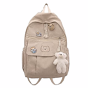 YUESUO Large Kawaii Corduroy Backpack with Cute Bear Pendant Vintage Bag for Girl Student School Bag Bookbag Satchel Laptop (Beige,Medium)