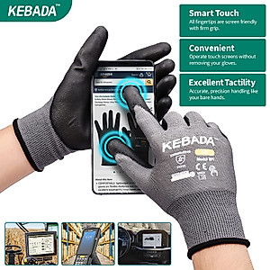 Kebada W1 Work Gloves for Men and Women with Grip,12 Pairs Bulk Pack Mechanic Gloves,PU Coating on Palm & Fingers,Breathable Mens Gardening Touchscreen,Lightweight,Gray Large