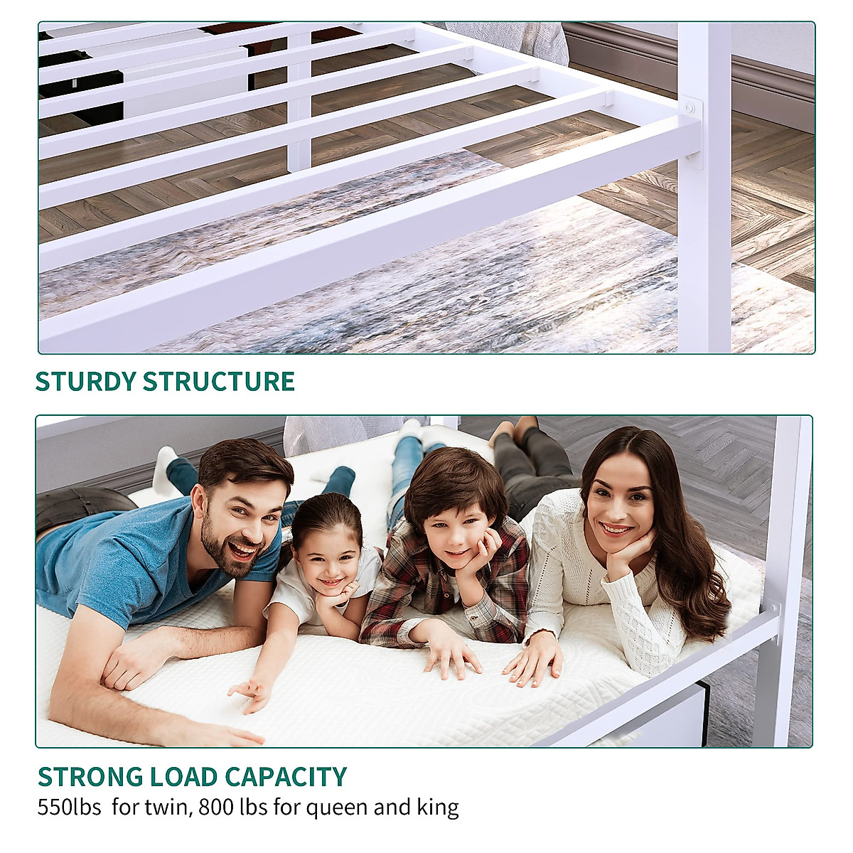 YITAHOME Canopy Bed Frame Metal Four Posters 14 Inch Platform with Built-in Headboard Strong Metal Slat Mattress Support, No Box Spring Needed, White, Queen Size