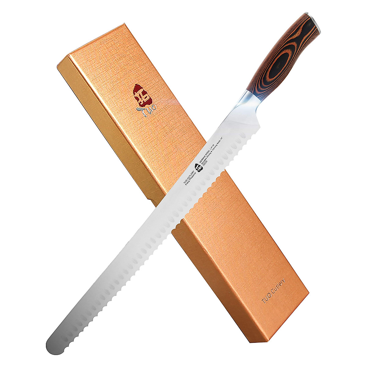 TUO Serrated Slicing Knife 14 inch - Razor Sharp Carving Knives Professional Meat Carver Long Cake Slicer - Premium German HC Steel & Full Tang Pakkawood Handle - Gift Box Included - Fiery Series