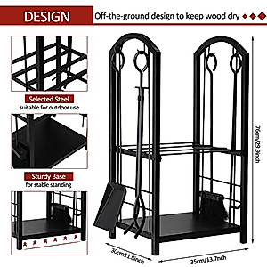 Carivia Firewood Rack Indoor Fireplace Tool Set Log Holder Log Rack with 4 Tools Fireplace Tools Wood Rack Wood Log Storage Stacker Stand for Outdoor Patio Fireplace Stove