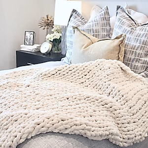 Adyrescia Chunky Knit Blanket Throw | 100% Hand Knit with Jumbo Chenille Yarn (50"x60", Cream White)