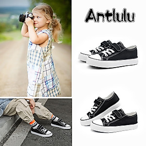 ANTLULU Boys and Girls Canvas Kid Shoes Adjustable Design Fashion Casual Sneakers Black