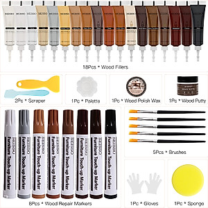 Wood Furniture Repair Kit- 40 Sets, Wood Fillers Hardwood Laminate Repair Kit with 18 Colors Oak Walnut, Wood Putty Touch Up Kit- Cover Wood Scratches, Stains, Holes for Table, Door, Veneer, Cherry
