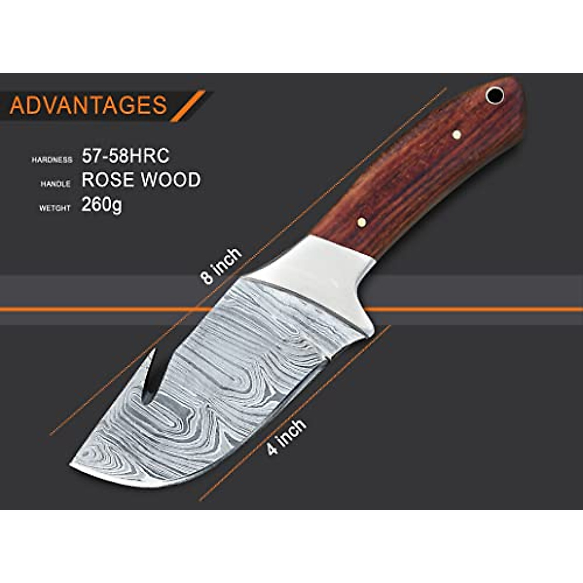 WARIVO KNIFE Hunting knife Full Tang Damascus Gut Hook Knife- EDC 8-inch Gut Hook Skinning knife for Hunting Fixed Blade Knife with Sheath Deer Gutting knives with Rosewood handle