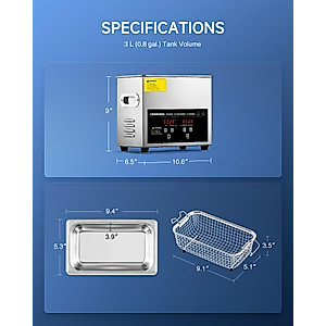 CREWORKS 3L Ultrasonic Cleaner, 0.8 gal Digital Sonic Cavitation Machine, 120W Stainless Steel Professional Jewelry Cleaner for Cleaning Tool Watch Glasses Retainer Denture Parts with Heater & Timer