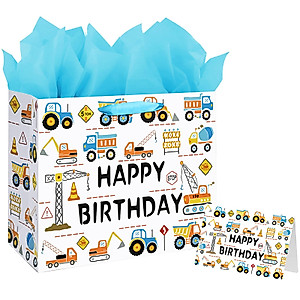 13" Large Happy Birthday Gift Bag for Baby Boy Kids with Tissue Paper and Card (Construction Vehicle)