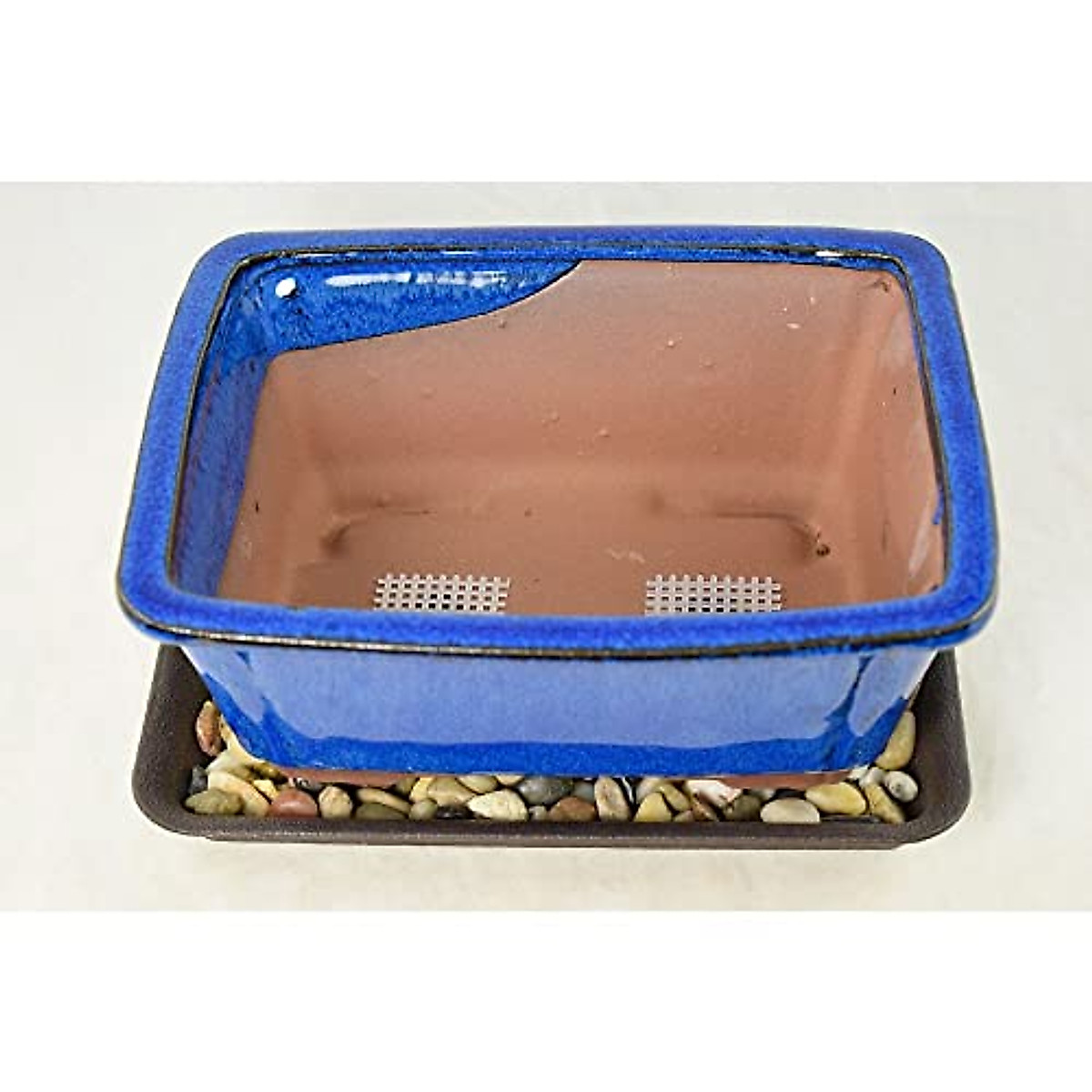 1 Pcs 8.25" Rectangular Dark Blue Bonsai / Succulent Pot + Tray + Rock + Mesh Combo