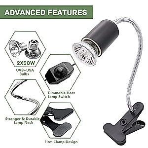 GoChes Reptile Aquarium Heating Lamp with Clamp and 360°Adjustable Holder, Dimmable Switch, Basking Heat Lamp for Reptile, Lizard, Turtle, Habitat, 2 UVA UVB Bulbs Included(E27,50W),CE Certified