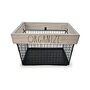 Rae Dunn Organize Wire Storage Basket – Metal and Light Wood Organizer – Decorative Storage Bin – Home & Office Organizers for Desk, Bedroom, Living Room, Closet and More White Wash /inOrganize/in