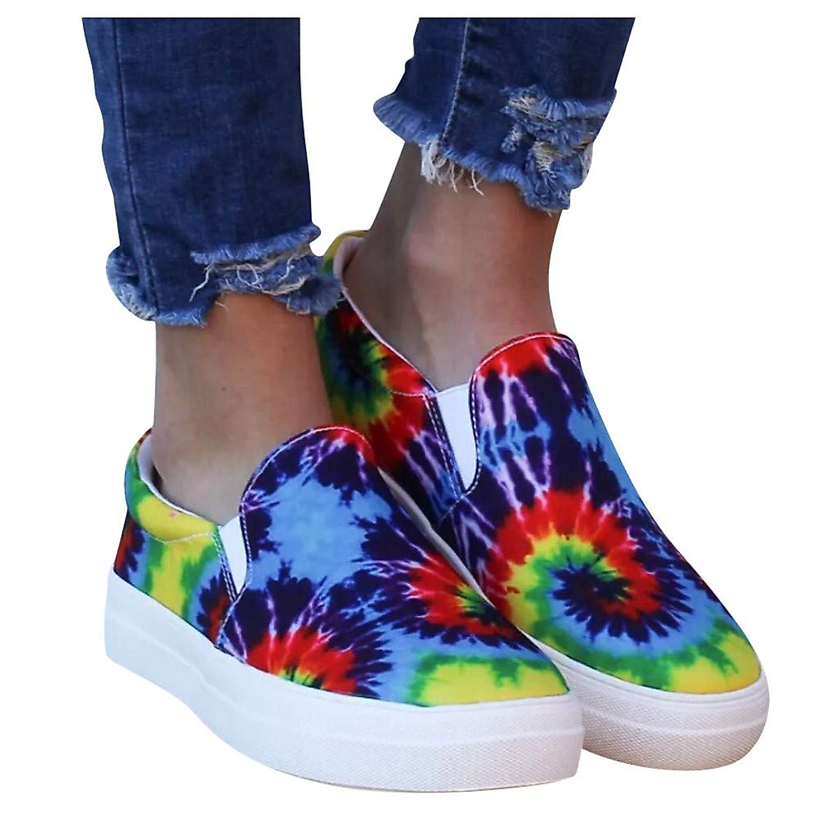 Women’s Slip On Sneakers Tie-Dye Colorblock Casual Shoes Fashion Comfortable Walking Shoes Canvas Flats