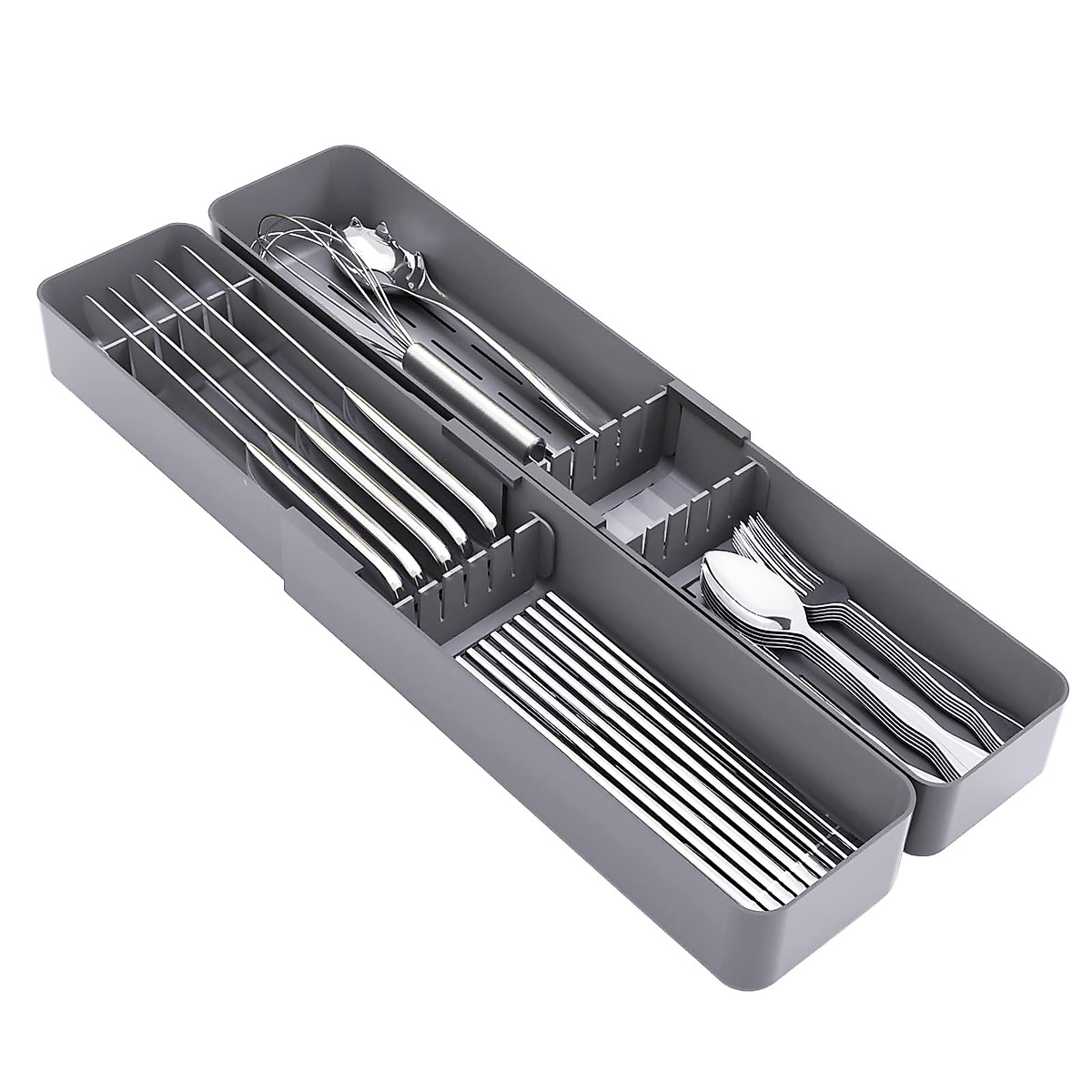AEARY Kitchen Drawer Silverware Organizer, Adjustable Cutlery Organizer, Expandable Utensils Holder, Silverware Dividers Tray, Storage for Flatware, Large Drain Board (Gray,2 Sets)
