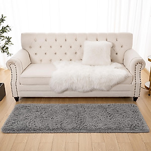 Toneed Fluffy Runner Rug for Bedroom Living Room, 2 x 6 Feet Gray Shaggy Rug Super Soft Modern Indoor Area Rug Fuzzy Plush Carpet for Dorm Nursery Kids Room Home Decorative