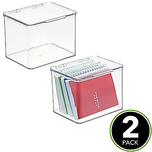 mDesign Small Plastic Home Office Storage Organizer Box Containers w/Hinged Lid for Desktops - Holds Pens, Pencils, Sticky Notes, Highlighters, Staples, Supplies - Lumiere Collection - 2 Pack - Clear