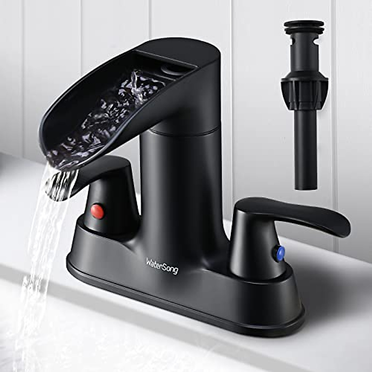 Black Bathroom Faucet 4 Inch 2 Handle - WaterSong Waterfall Bathroom Sink Faucet with Pop-up Drain & cUPC Lead-Free Water Supply Hose, Centerset 360° Swivel Spout Bathroom Faucet, RV Farmhouse Modern