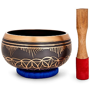 Meditative 6 inch Flower of Life Design Singing Bowl with Mallet and Cushion. Tibetan Sound Bowls for Energy Healing, Mindfulness, Grounding, Zen, Meditation, Feng Shui Meditation Bowl
