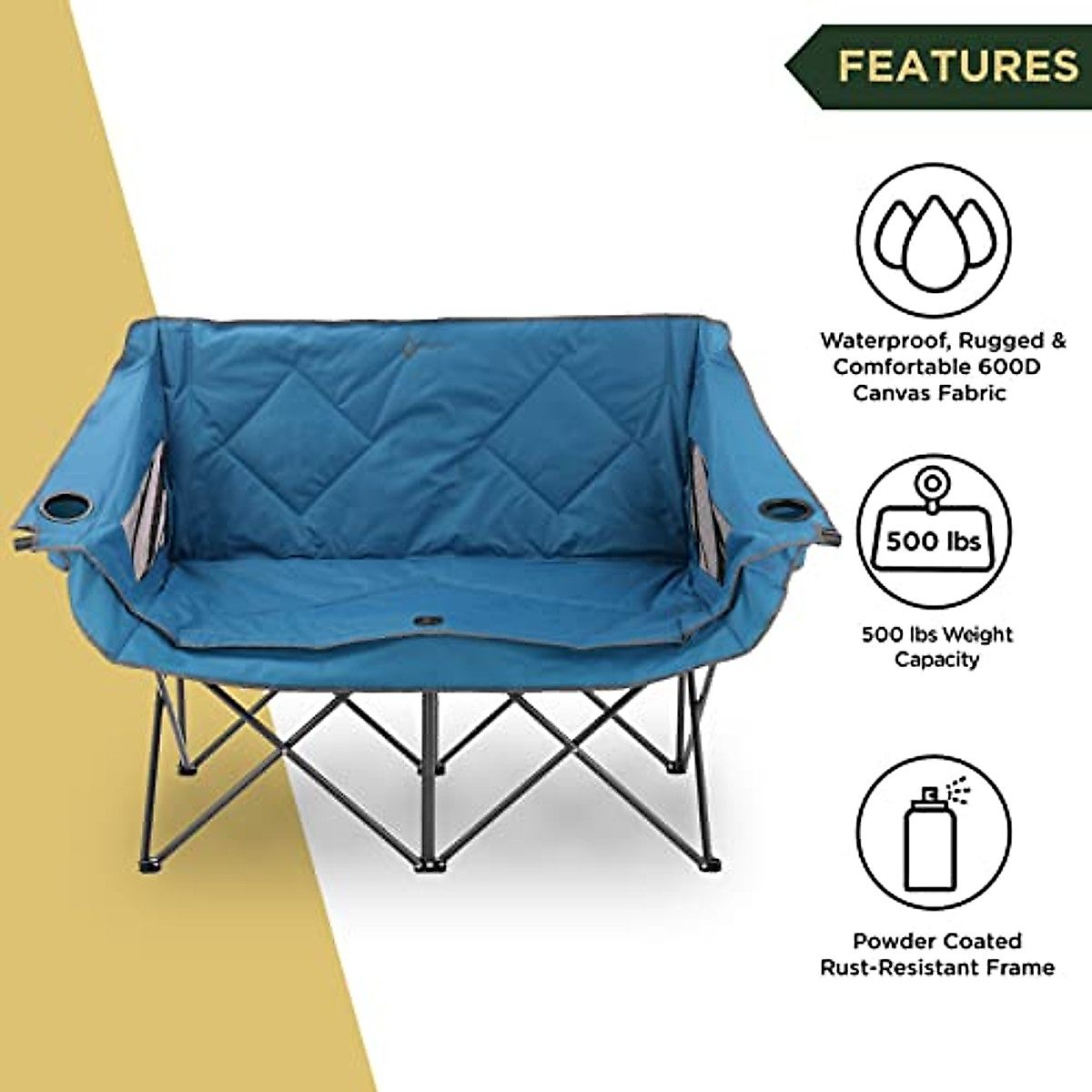 ARROWHEAD OUTDOOR Portable Folding Double Duo Camping Chair Loveseat w/ 2 Cup & Wine Glass Holder & GCI Outdoor Comfort Pro Rocker Collapsible Rocking Chair & Outdoor Camping Chair, Indigo