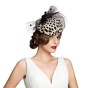 F FADVES 100% Australian Wool Pillbox Hat Black Veil Fedora Lepoard Print Fascinator