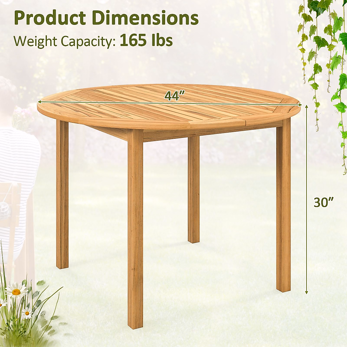 Tangkula Round Outdoor Dining Table, Acacia Wood 4-Person Large Dining Table, Farmhouse Patio Indoor Bistro Table, for Yard Deck Lawn Dining Room