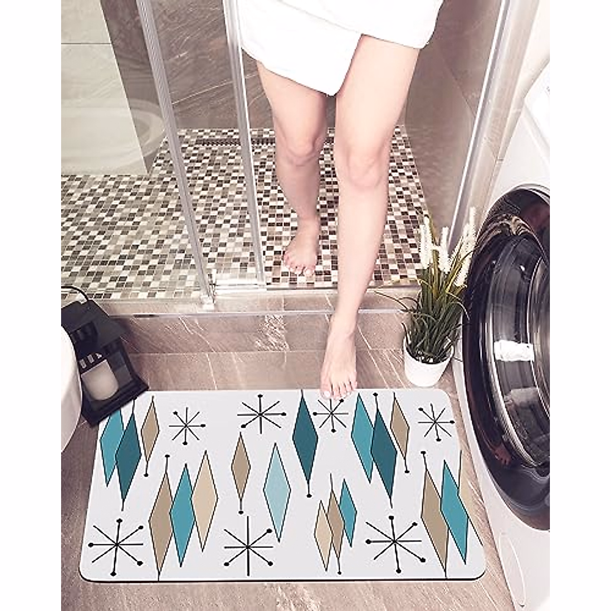 Bath Mat Mid-Century Geometry Teal Turquoise Beige Diamond Pattern Super Quick Dry Diatom Mud Bath Rugs Non-Slip Floor Mats for Bathtub Shower Room Sink, 16x24In