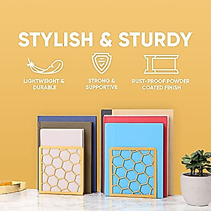 Premium Geometric Gold Honeycomb Bookends for Shelves, Metal Book Ends for Office, L-Shaped Book Stopper, Rustproof Bookends Decorative Unique for Home, 6.25 (L) x 6 (W) inches, 1 Pair - Geomod