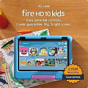 Amazon Fire 10 Kids tablet- 2023, ages 3-7 | Bright 10.1" HD screen with ad-free content and parental controls included, 13-hr battery, 32 GB, Blue